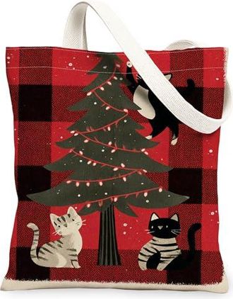 Generic Sacs fourre-tout en toile motif chat de No&euml;l, sacs d&eacute;picerie r&eacute;utilisables, festifs, l&eacute;gers et lavables en toile pour voyage, plage, pique-nique, 33 x