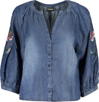 Desigual Femme, Blouses et Chemises, Bleu, Taille: 42 FR Blouse en jean &agrave; col en V