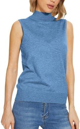 Generic Haut sans manches &agrave; col montant pour femme - Pull en tricot &agrave; col roul&eacute; doux - D&eacute;bardeur basique l&eacute;ger avec fermeture &eacute;clair 1/4 - En coton, bleu, XXL