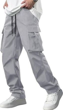 Generico Pantalon de jogging élastique pour homme avec plusieurs poches et cordon de serrage, gris, XXL
