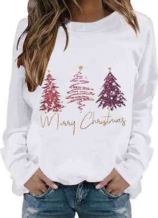 Generic Sweatshirts de Noël pour femmes, mignons, motif arbre de Noël, sweatshirt à col ras du cou, ample, décontracté, à manches longues, hauts à col rond 20