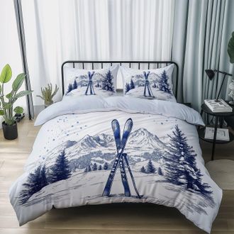 Generic Bettbez&uuml;ge-Sets 3D Effekt Einfach Naturlandschaft Skifahren 135 x 200 cm mit Rei&szlig;verschluss Weich Microfaser Bettbezug-Set mit 2 Kissenbezug 80 x 80 c