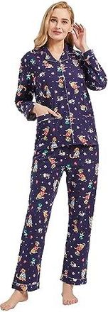 Global Femme Pyjama Flanelle Manches Long |Ensembles de Pyjama Coton |Chemises de Nuit Bouton | Chaleureux Vêtements de Nuit Confortable Bleu, Chien. 3XL