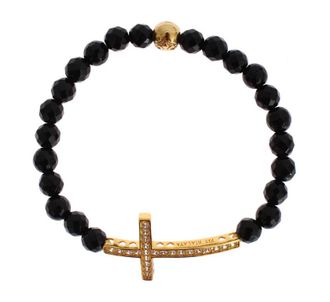 Nialaya Achatstein Gold CZ Kreuz 925 Silberarmband