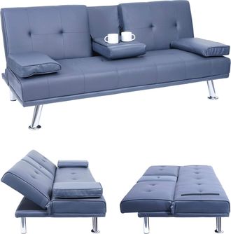Mendler 3er-Sofa HWC-F60, Couch Schlafsofa Gästebett, Tassenhalter verstellbar 97x166cm - Kunstleder, dunkelblau