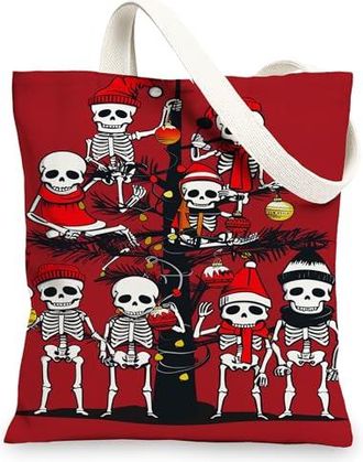Generic Sacs fourre-tout en toile squelette, motif crâne amusant, sacs réutilisables, fantaisie, léger, lavable, bandoulière en toile pour voyage B, Rouge, 13