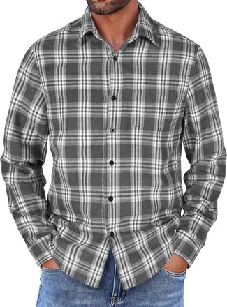 Coofandy Herren Kariertes Hemd Trachten Langarm Herrenhemd mit Spreizkragen Regular Fit Plaid Shirt mit Brusttaschen für Männer Dunkelgrau-Weiß XXXL