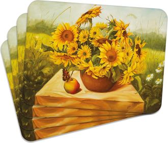 MG Design Set aus 4 Kork-Platzsets - Sunflowers with Butterfly - 30 x 40 cm - hitzebeständig & abwischbar, mit Korkrückseite