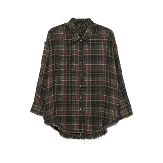 R13 Homme, Chemises, Brun, Taille: L Chemise en coton r&eacute;versible &agrave; carreaux &eacute;cossais effet us&eacute;