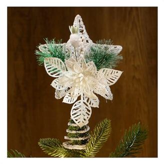 Com-Four D&eacute;coration &eacute;toile No&euml;l, d&eacute;coration No&euml;l &eacute;toile en m&eacute;tal avec d&eacute;coration, Support Poinsettia Blanc avec Aiguille de pin, Fleur & Baie