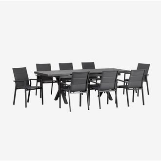 Sklum Karena rechteckiges ausziehbares Tischset 180-240x90 cm und 8 stapelbare Gartenst&uuml;hle mit Aluminiumarmlehnen Grau Graphit - Sklum