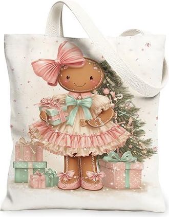 Generic Sacs fourre-tout en toile de pain d&eacute;pice de No&euml;l, design mignon de poup&eacute;e de vacances, vintage, l&eacute;ger, lavable, sacs en toile F, Blanc, 13x15 Inch