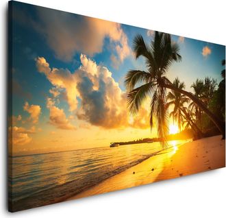 Paul Sinus Art Palmen am Strand 120x 60cm Panorama Leinwand Bild XXL Format Wandbilder Wohnzimmer Wohnung Deko Kunstdrucke