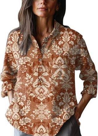 Generico Chemise Femme Curvy Manches Longues Chemisier Coton Et Lin &Eacute;l&eacute;gant Grande Taille Chemises Col en V Classique Blouse Vintage Fantaisie avec Boutons L&eacute;g