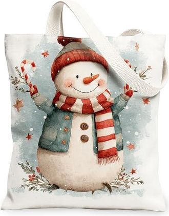 Generic Sacs fourre-tout en toile motif bonhomme de neige, sacs d&eacute;picerie r&eacute;utilisables, festifs, l&eacute;gers et lavables avec bandouli&egrave;re, Blanc, 13x15 Inch