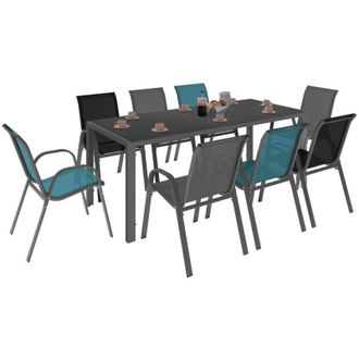 IDMarket Salon de jardin MADRID table 190 cm et 8 chaises empilables mix color bleu, gris et noir