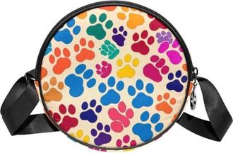 Generic Petit sac &agrave; bandouli&egrave;re rond pour femme, motif patte de chien color&eacute;, sac &agrave; dos avec fermeture &eacute;clair, bretelles r&eacute;glables, sac &agrave; main rond d&eacute;contract