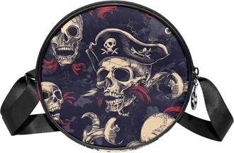 Generic Petit sac &agrave; bandouli&egrave;re circulaire pour femme, motif cr&acirc;nes de pirate, sac &agrave; dos &agrave; bandouli&egrave;re avec fermeture &eacute;clair, bretelles r&eacute;glables, sac &agrave; main 