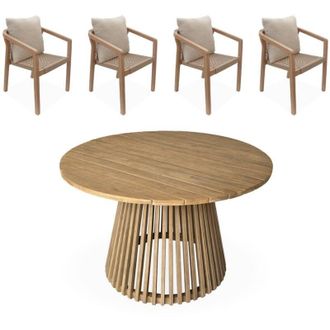 Sweeek Table &agrave; manger bois dacacia ronde. int&eacute;rieur / ext&eacute;rieur + 4 chaises en bois et corde Bois / Beige