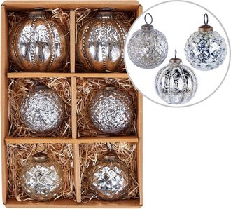 Beliani Christbaumschmuck 6er Set Glas Silber Weihnachtskugeln handgemacht Argentin