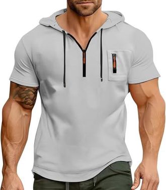 Generic T-shirt pour homme - Avec capuche - Manches courtes - Avec poches - Cordon de serrage - Pour l&eacute;t&eacute; - Court - Couleur unie - Sport - T-shirt personnalis