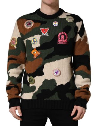 Dolce & Gabbana Mens Camouflage Intarsia-Knit Sweater Multicolor Nylon Viscose Cashmere Clothing