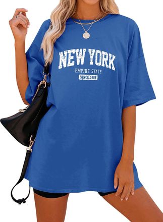 Dresswel Oversized T Shirt Damen New York Brief drucken Vintage T-Shirt Kurzarm Rundhals Retro Tee Shirts Sommer Oberteile Lose Bluse Lang Tops f&uuml;r Teenager M&auml;