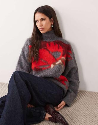 Asos Pullover mit geb&uuml;rstetem Blumenmuster und Stehkragen in Grau
