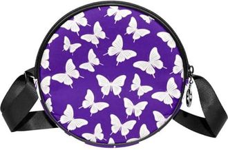 Generic Sac &agrave; bandouli&egrave;re rond pour femme, petit sac &agrave; bandouli&egrave;re avec fermeture &eacute;clair, bretelles r&eacute;glables, style d&eacute;contract&eacute;, motif papillons blancs