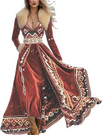 ORANDESIGNE Femme Robe Longue Vintage en Velours Robe Western &agrave; Manches Longues Tenue Western V&ecirc;tements Country &Eacute;l&eacute;gante D Rouge XL