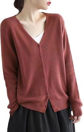 Generic Pull ample &agrave; col en V pour femme - Grande taille - Tendance - Couleur unie - Haut temp&eacute;rament &agrave; manches longues, Rouge brique, XXL