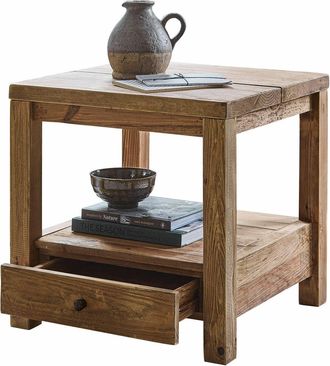 Loberon Beistelltisch Iven, Handgefertigt, Landhaus-Design, Rustikaler Look, Nachhaltig, Robust & Langlebig, Beistellm&ouml;bel, Wohnzimmertisch, Kiefernholz, brau