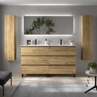 Cygnus Bath Meuble de salle de bain BEQUIA 3C 160cm Ch&ecirc;ne Vasque Vilna Solid Surface Centrale