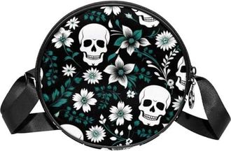 Generic Petit sac &agrave; bandouli&egrave;re circulaire pour femme, motif cr&acirc;nes, fleurs, petit sac &agrave; bandouli&egrave;re avec fermeture &eacute;clair, bretelles r&eacute;glables, sac &agrave; main ro
