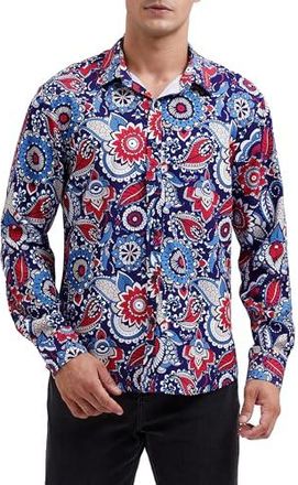 Hisdern Hommes Chemises en Soie Paisley Robe Chemise Coupe régulière Chemise Florale à Manches Longues boutonné pour fête de Mariage Disco Bal