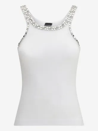 Pinko Womens Ribbed Top With Jewel Embroidery White Cotton Tops