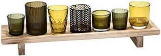 Creative Co-op Creative Co-Op Paulownia Holztablett mit 7 Votivhaltern aus Glas und Metall, Mehrfarbig, Set mit 8 Kerzenhaltern, 50,8 cm L x 15,2 cm B x 15,2 cm H, G