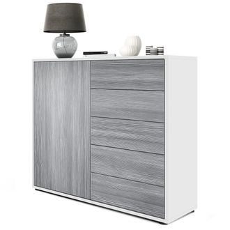Vladon Sideboard Ben V2, Made in Germany, Kommode mit 1 T&uuml;r und 5 Schubladen, Wei&szlig; matt/Avola-Anthrazit (79 x 74 x 36 cm)