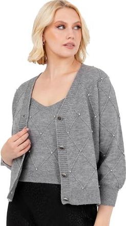 Lovedrobe Womens Twinset Ladies Long Sleeve Cardigan Knitted Two Piece Vest Tank Top Co-ord Set Diamante Smart Casual Knitwear, Gris 44-46
