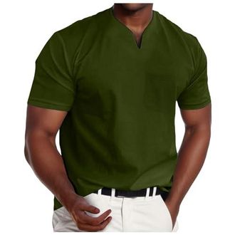 Generic T-shirt pour homme avec col en V, coupe ajust&eacute;e, manches courtes, t-shirt d&eacute;contract&eacute; avec poche, Vert arm&eacute;e., XXL