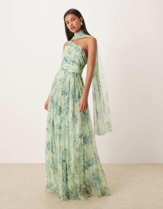 Lace & Beads Robe longue imprim&eacute;e asym&eacute;trique avec col foulard - Vert sauge