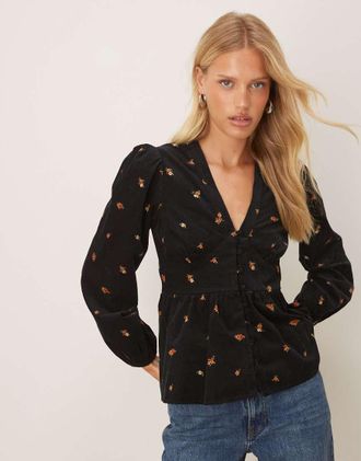 Nobody's Child Starlight - Blouse en velours côtelé à petites fleurs - Noir