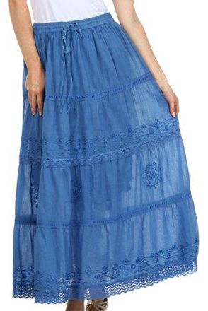 Sakkas 754 Jupe Coton Taille Haute/Maxi/Longue Brodée Solide Gitane/Bohémienne - Bleu/Taille Unique