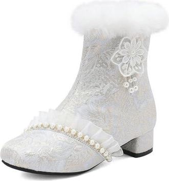 Generic Bottes de neige rétro Lolita en dentelle patchwork fermeture éclair latérale bout rond talon bloc chaud hiver bottes courtes pour femme, bleu, 38.5 EU