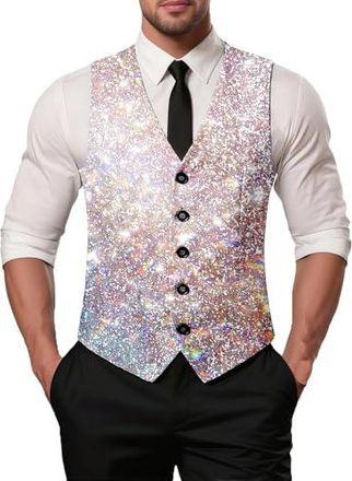 Generico Gilet pour homme Carnaval Costume color&eacute; avec imprim&eacute; masque Col en V Costume de carnaval Costume &agrave; th&egrave;me de Venise | pour sc&egrave;ne et d&eacute;fil&eacute;, argent m&eacute;t