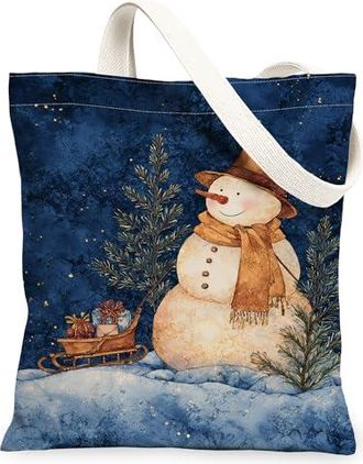 Generic Sacs fourre-tout en toile motif bonhomme de neige dhiver, sacs d&eacute;picerie r&eacute;utilisables, l&eacute;gers et lavables avec bandouli&egrave;re en toile, bleu, 13x15 Inch