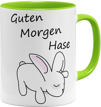 OM3 Guten Morgen Hase Kaffee-Tasse mit Spruch - Statement Tiermotiv süßes Motiv - Keramik Becher - 325ml - Beidseitig Bedruckt - Hellgrün