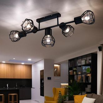 ETC Shop Deckenleuchte Deckenlampe Spotleuchte Esszimmer K&auml;figoptik 5 flammig Deckenlampen, Metall schwarz, 5x E27 Fassung, LxBxH 90x37x30 cm