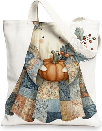 Generic Sacs fourre-tout en toile dautomne, charmants motifs citrouilles, sacs dépicerie réutilisables, patchwork confortable, léger et lavable avec bandouliè