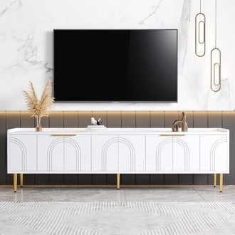 Generic Meuble TV Bas Moderne 170 x 35 x 47,5 cm avec Espace de Rangement et Gestion des c&acirc;bles, Portes structur&eacute;es, poign&eacute;es et Pieds dor&eacute;s, id&eacute;al pour Salon